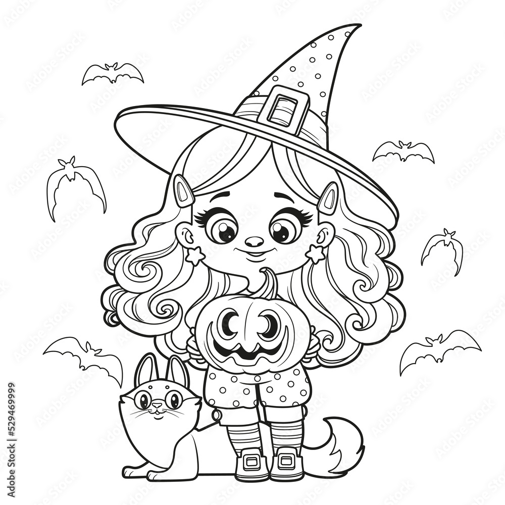 Cute cartoon girl in a Halloween witch costume with jack o lantern and ...