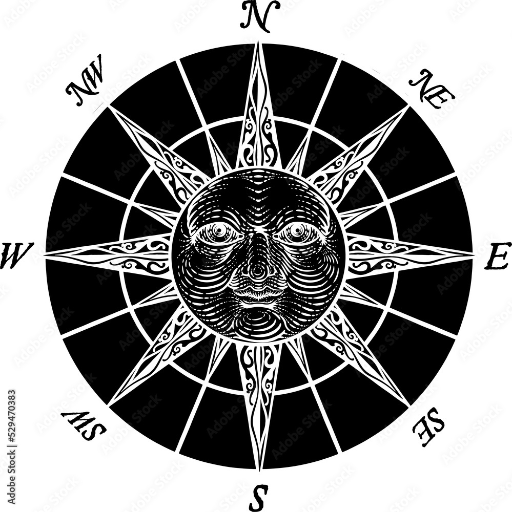Compass Sun Face Etching Rose Woodcut Drawing Stock Illustration ...