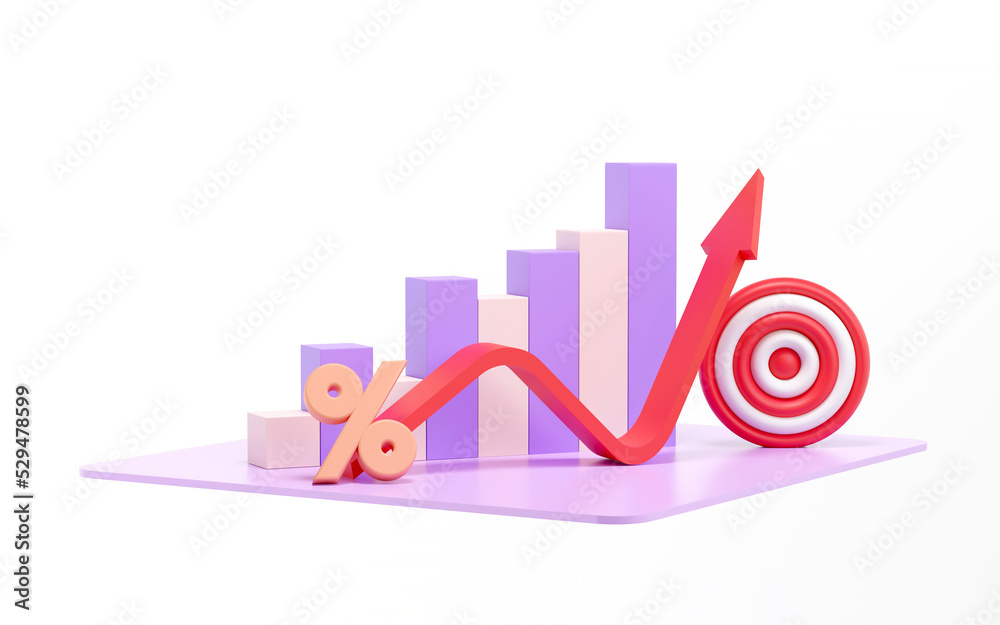 Bar graph, pastel business bar, up arrow, percentage and target ...