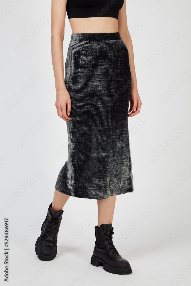 Grey women's luxury Classic Long Maxi Skirt on model isolated on white ...