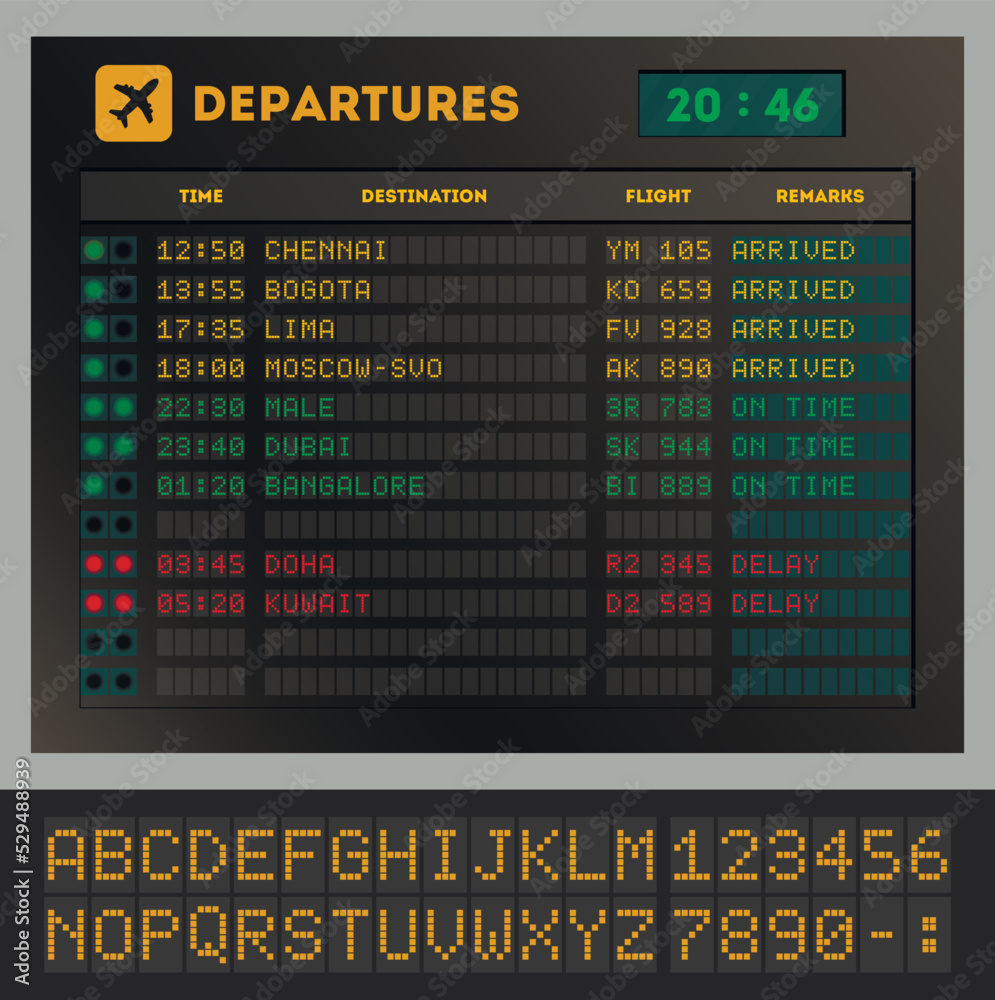 Digital colorful airport board template vector illustration. Set of ...