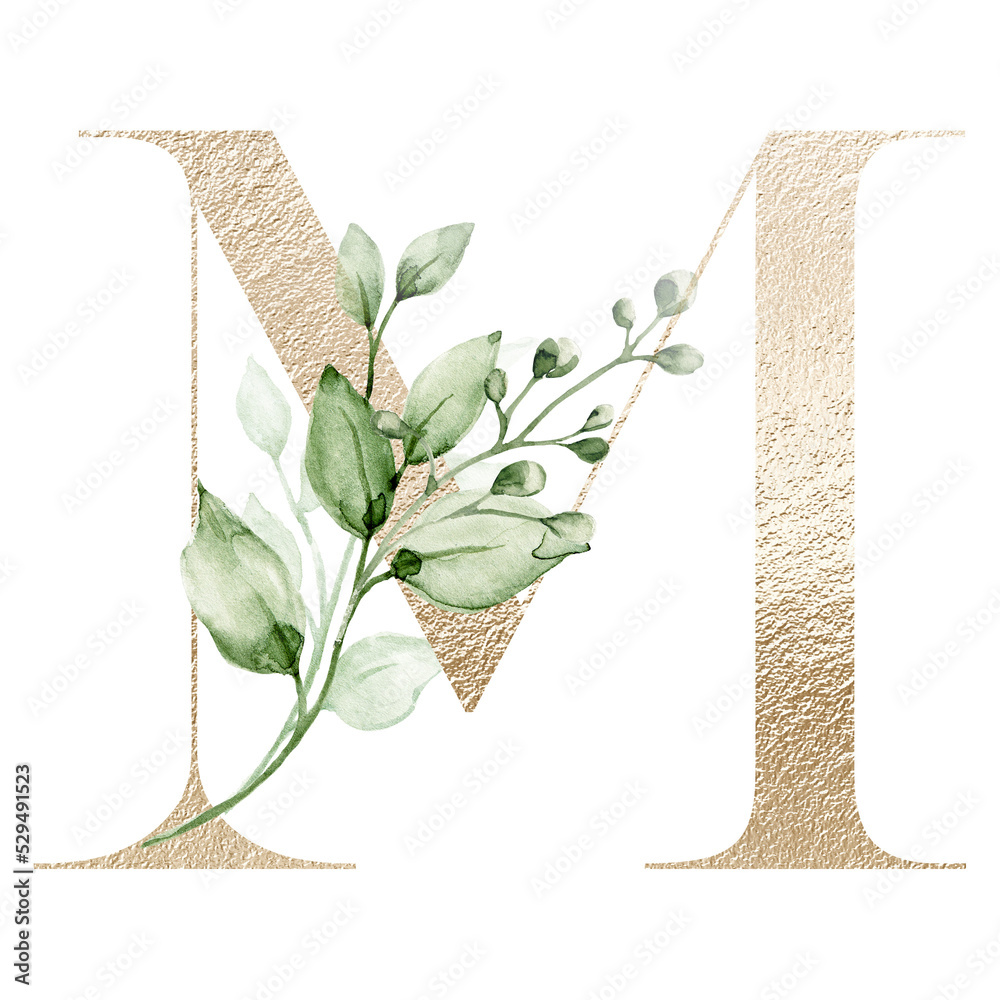 Floral alphabet, letter M with watercolor flowers and leaf. Monogram ...