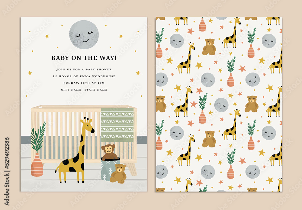 Boho Baby Shower Arrival Invitation Card Stock Template | Adobe Stock