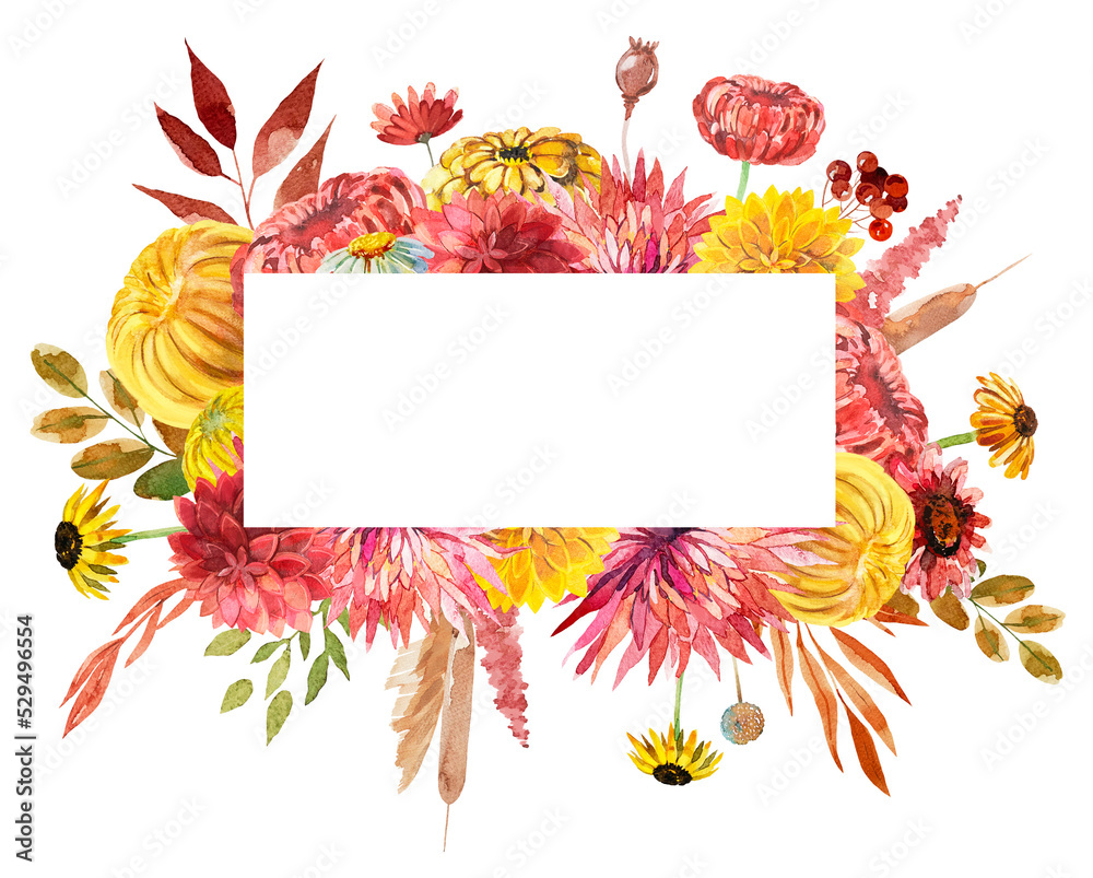 Floral watercolor frame. Watercolor frame with autumn flowers. Fall ...