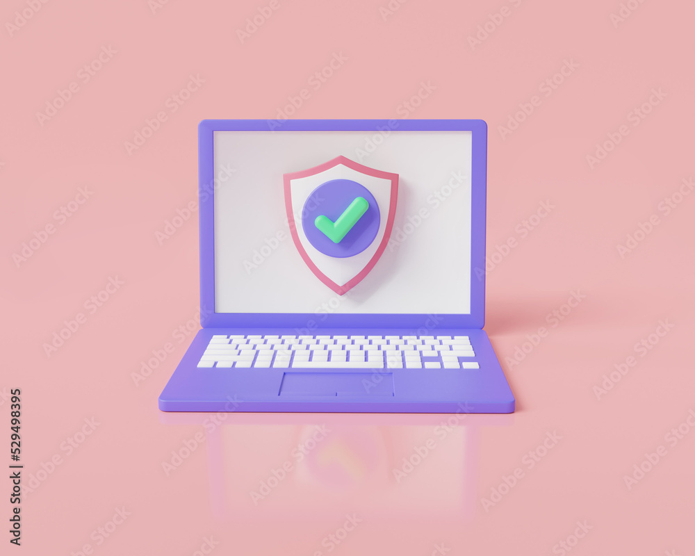 Laptop screen with shield protection icon with checkmark. Locked laptop ...