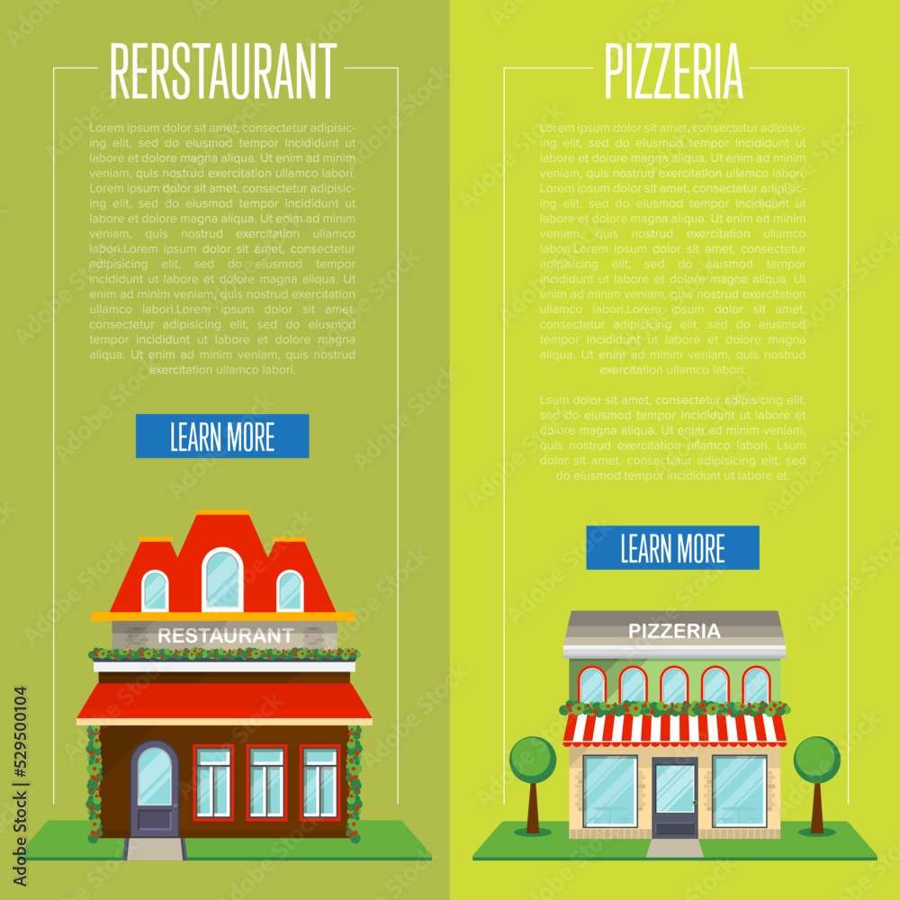 Facade of pizzeria and restaurant flyer set vector illustration. Street ...