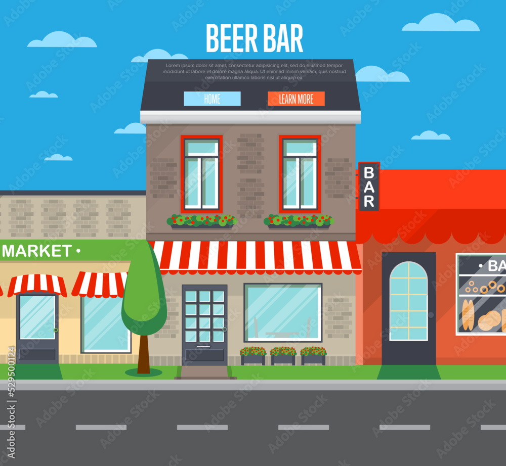 Beer bar in cityscape vector illustration. Alcohol store, cafe, cozy ...