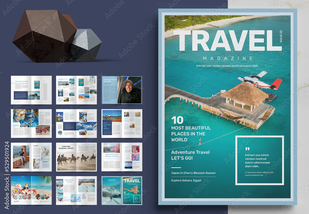 Travel Magazine Layout with Blue Accents Stock Template | Adobe Stock