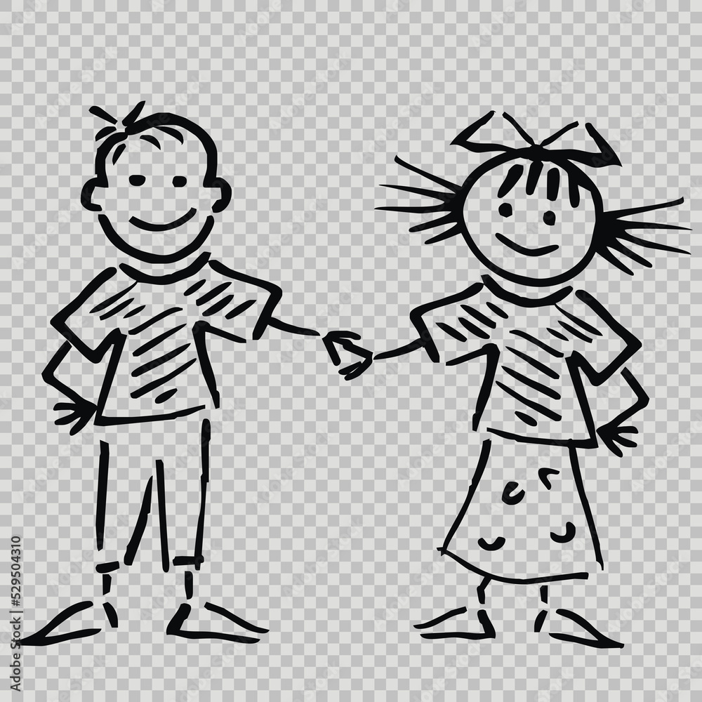 Two children, boy and girl, black outline, line art, transparent ...
