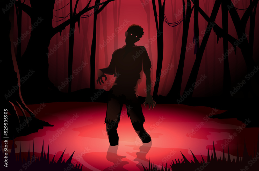 Zombie standing in the water of the red horror swamp. Horror forest ...
