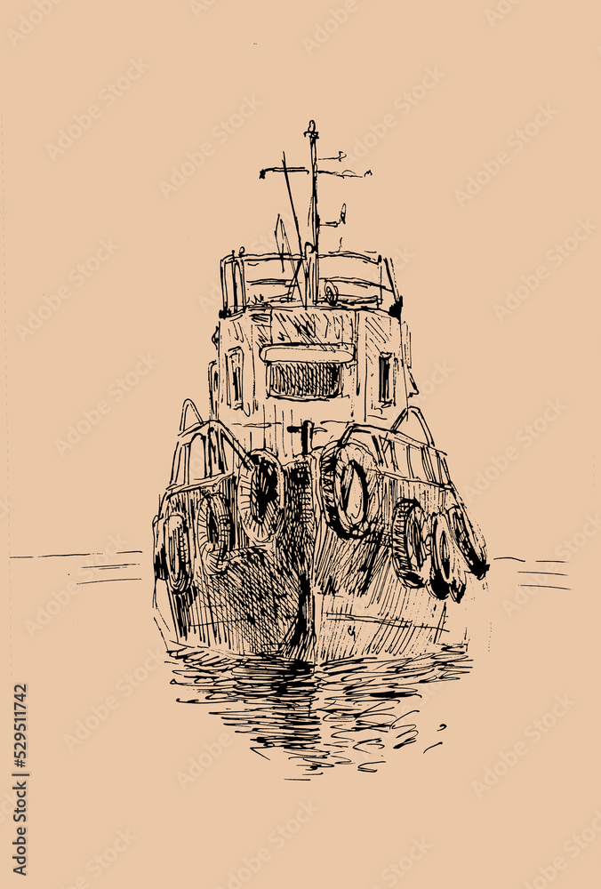 black pen drawing on a kraft paper. "the tug boat on the water." front ...