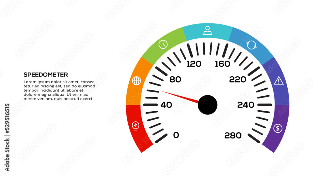 Speedometer infographic with 7 elements template for web, business ...