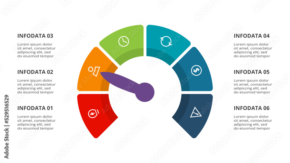 Speedometer infographic with 6 elements template for web, business ...