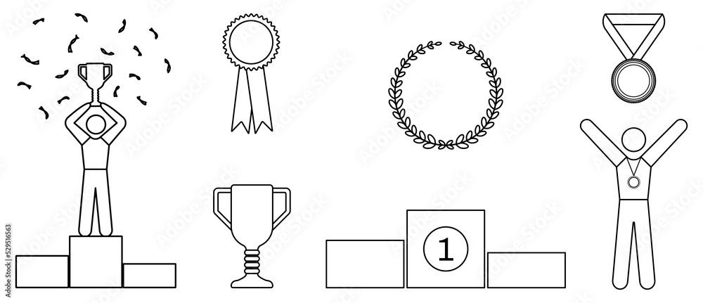 Winner Champion Icon set. Human on podium, trophy, medal, laurel wreath ...