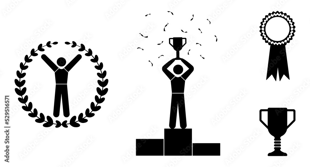 Winner champion Icon set. Human with laurel wreath, trophy and medal ...