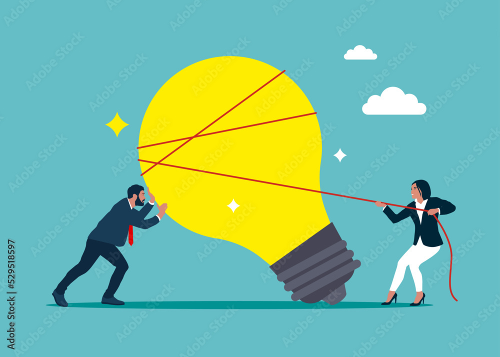 Businessman and partner help stand the lightbulb idea. Brainstorming ...