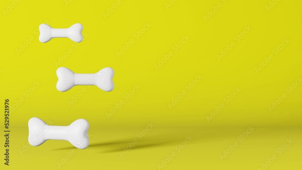 Realistic healthy white dog bone 3d animation loop 4K. Pet shop banner ...