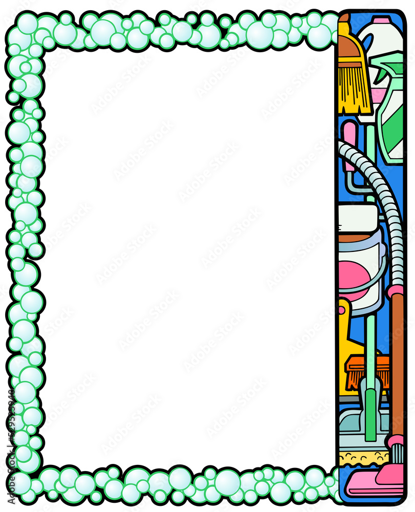 Border design with cleaning supplies, janitorial equipment. Stock ...