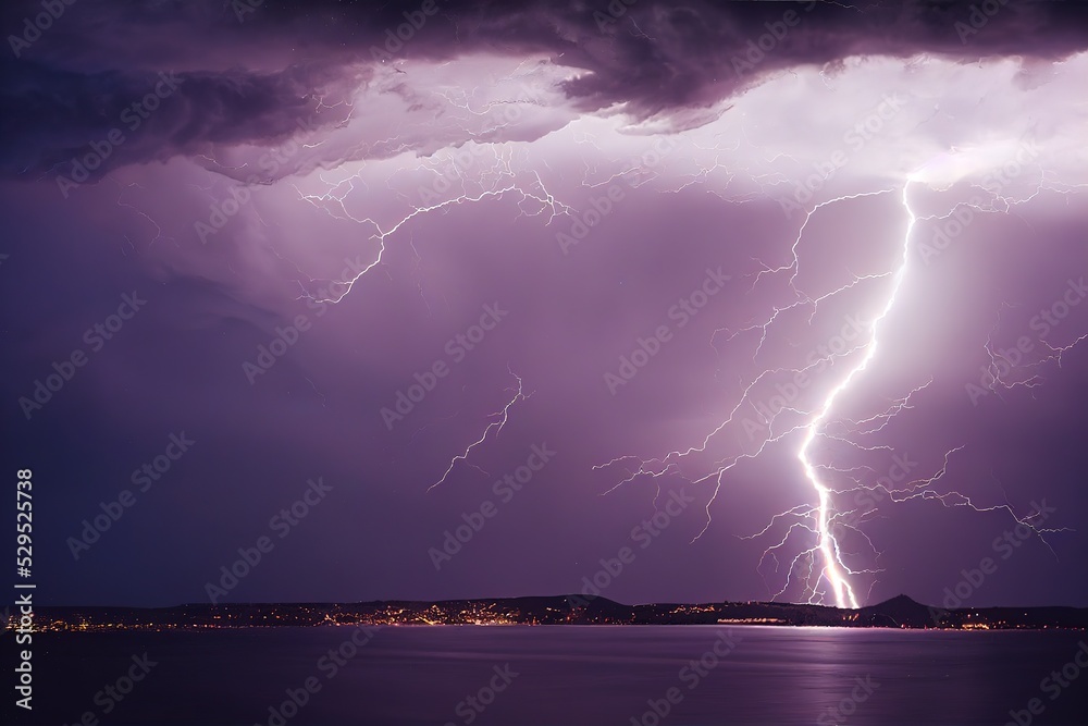 Lightning came down from the sky to the base of the earth. 3D rendering ...