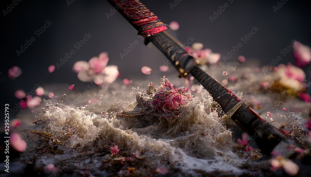 The samurai's sword fell on the water creating a splash.3D illustration ...