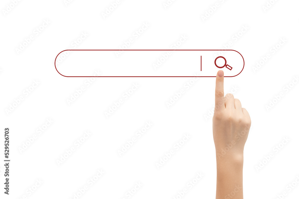 Finger presses the search button in the search bar on a white ...