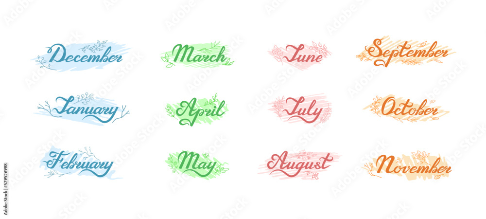 Set of hand drawn lettering with names of months on sketchy backgrounds ...