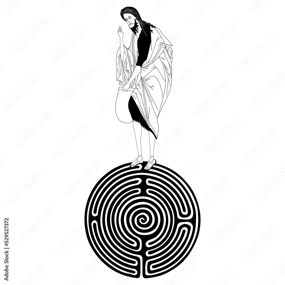 Christian saint man standing on top of a round spiral maze or labyrinth ...