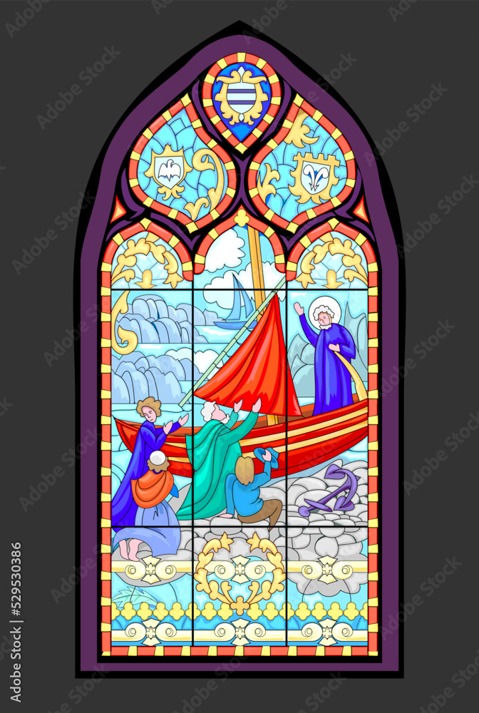 Beautiful colorful medieval stained glass window. Gothic architectural ...
