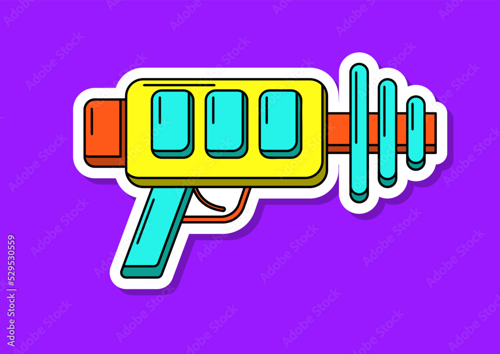 Vector cartoon blaster sticker. Isolated colorful toy gun with white ...