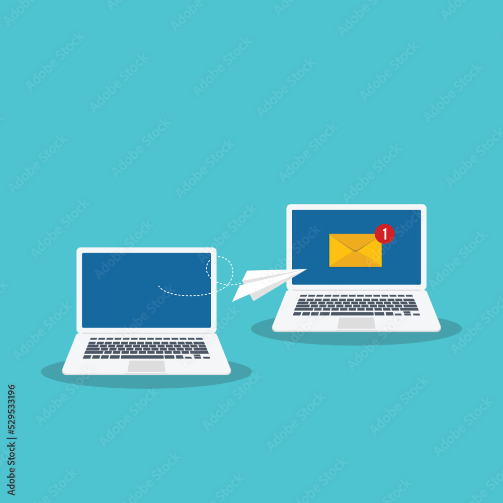 New incoming email message. One device sending paper airplane message ...