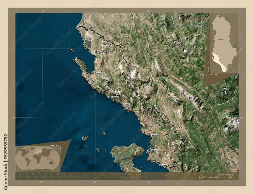 Vlore, Albania. High-res satellite. Labelled points of cities Stock Illustration | Adobe Stock