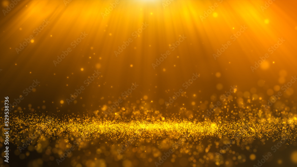 Glitter yellow gold particles stage and light shine abstract background. Flickering particles ...