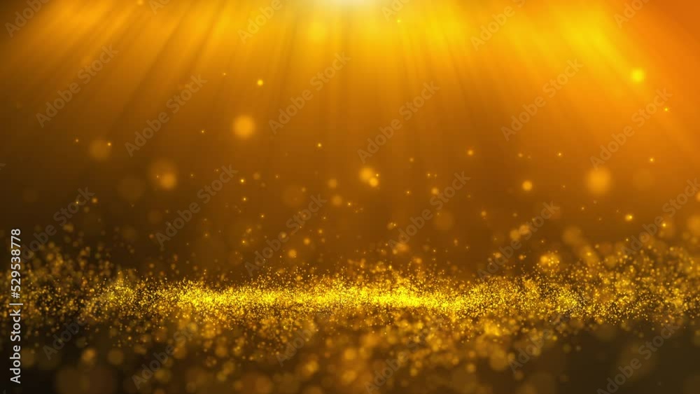 Glitter yellow gold particles stage and light shine abstract background. Flickering particles ...