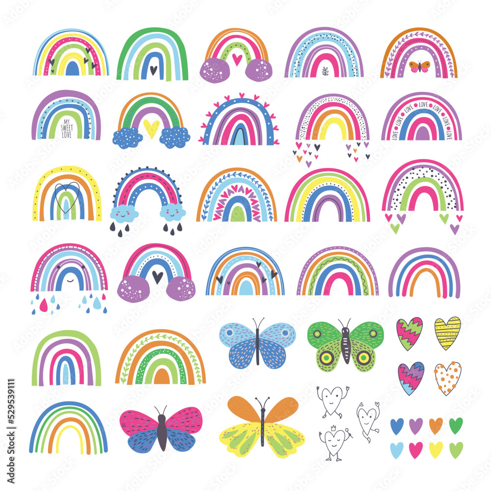 Cartoon rainbow. Multicolored rainbows, a heart and butterfly with a ...