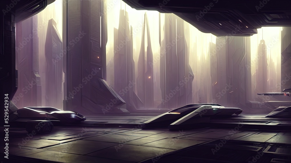 Futuristic high-tech night room, office in cyberpunk dystopian New York ...