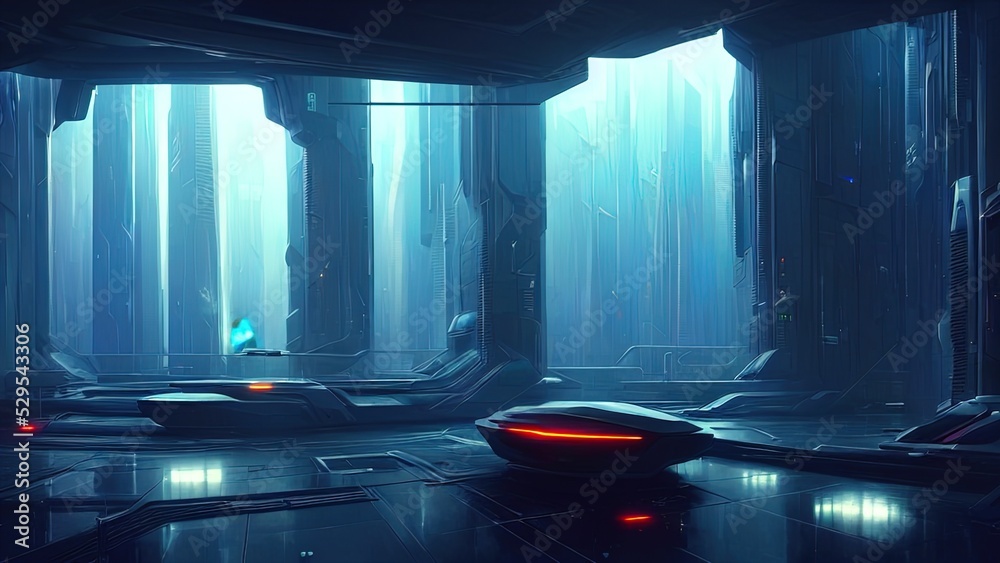 Futuristic high-tech night room, office in cyberpunk dystopian New York ...