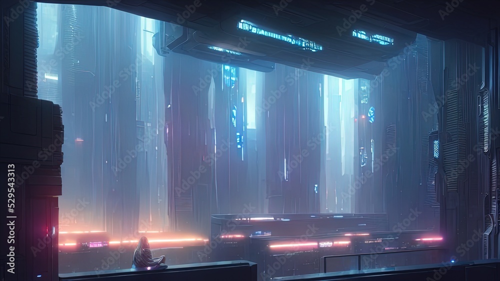 Futuristic high-tech night room, office in cyberpunk dystopian New York ...