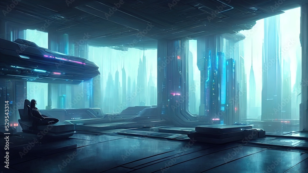 Futuristic high-tech night room, office in cyberpunk dystopian New York ...