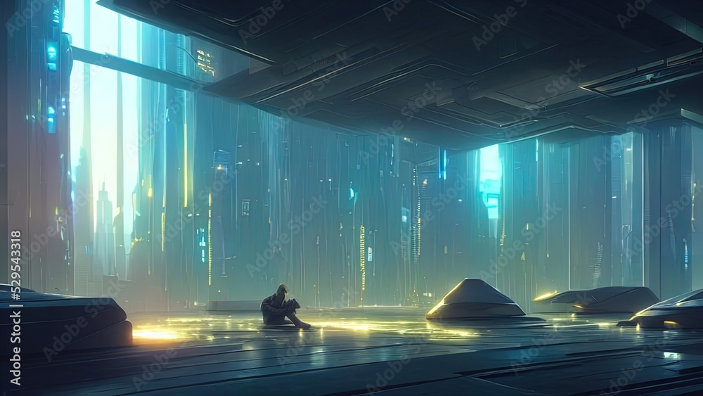 Futuristic high-tech night room, office in cyberpunk dystopian New York ...
