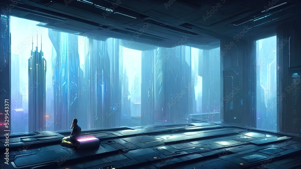 Futuristic high-tech night room, office in cyberpunk dystopian New York ...