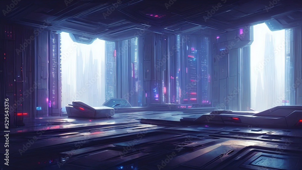 Futuristic high-tech night room, office in cyberpunk dystopian New York ...