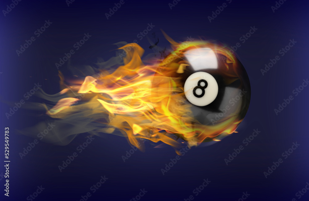Billiard ball with number 8 in fire flying on blue background Stock ...