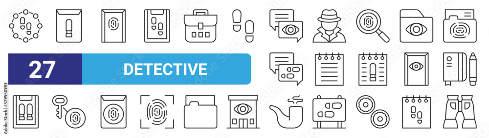 set of 27 outline web detective icons such as footprints, evidence ...