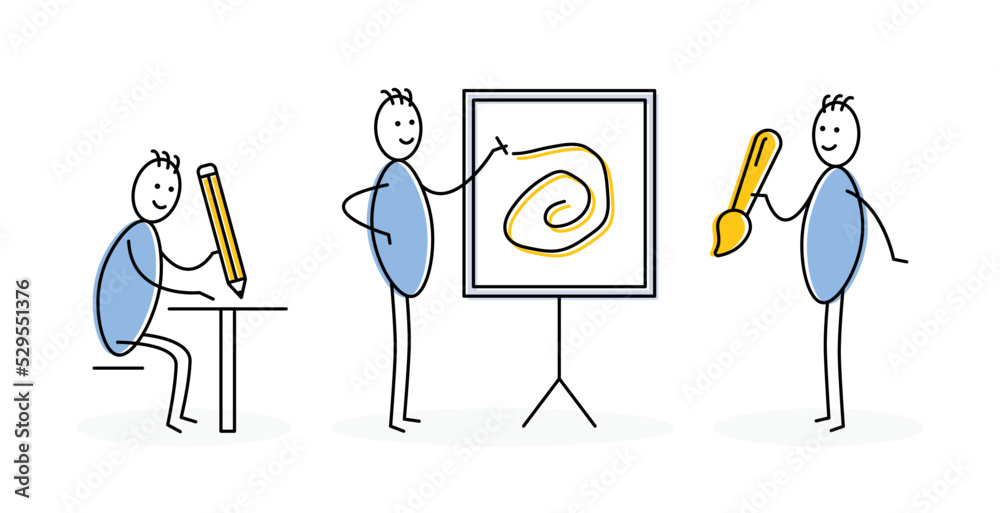 Set of stickman artist character drawing art symbol vector illustration ...