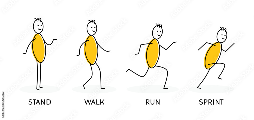 Set of stickman or stick figure stand, walk, run and sprint vector ...