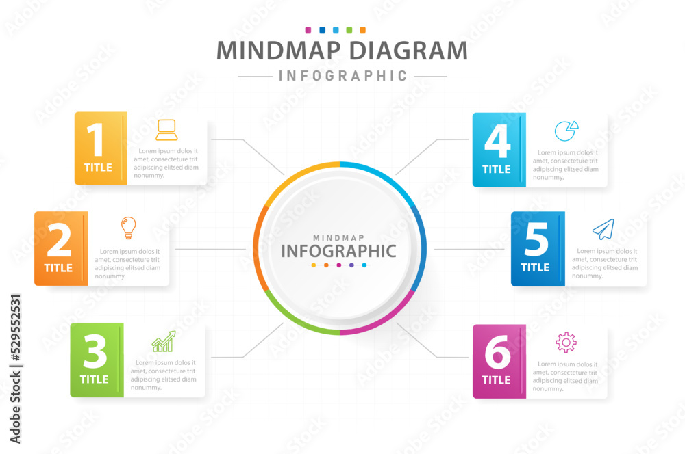 Infographic template for business. 6 Steps Modern Mindmap diagram with circles and topic titles ...