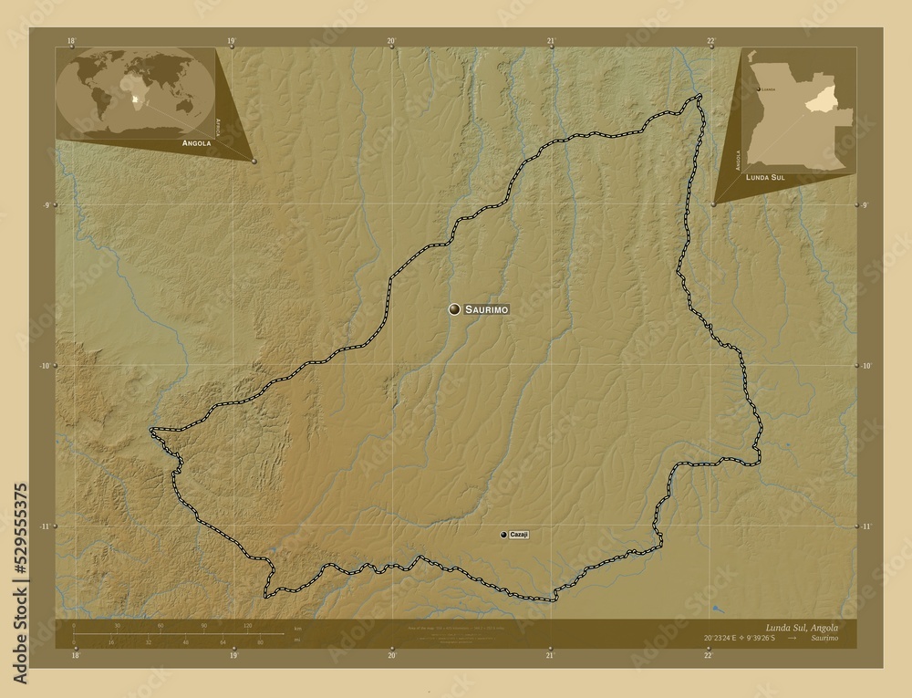 Lunda Sul, Angola. Physical. Labelled points of cities Stock ...
