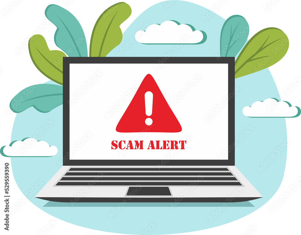 Scam alert on laptop screen. Hacker attack and web security vector ...