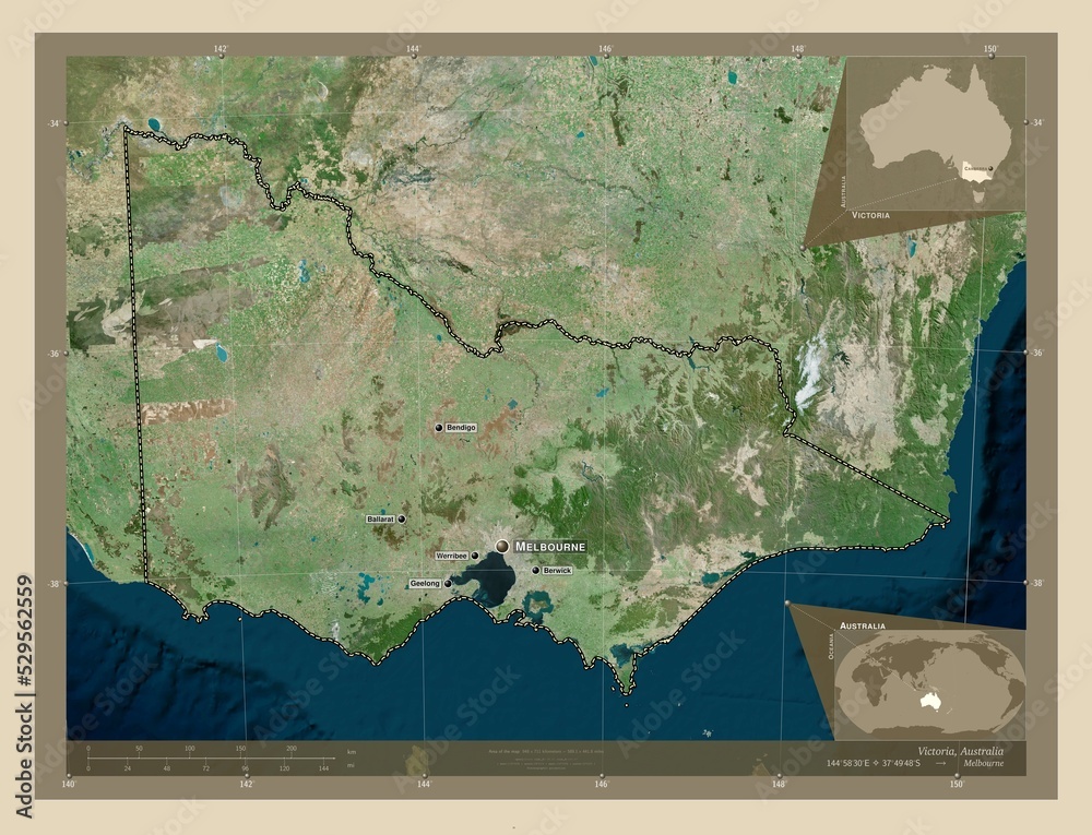 Victoria, Australia. High-res satellite. Labelled points of cities ...