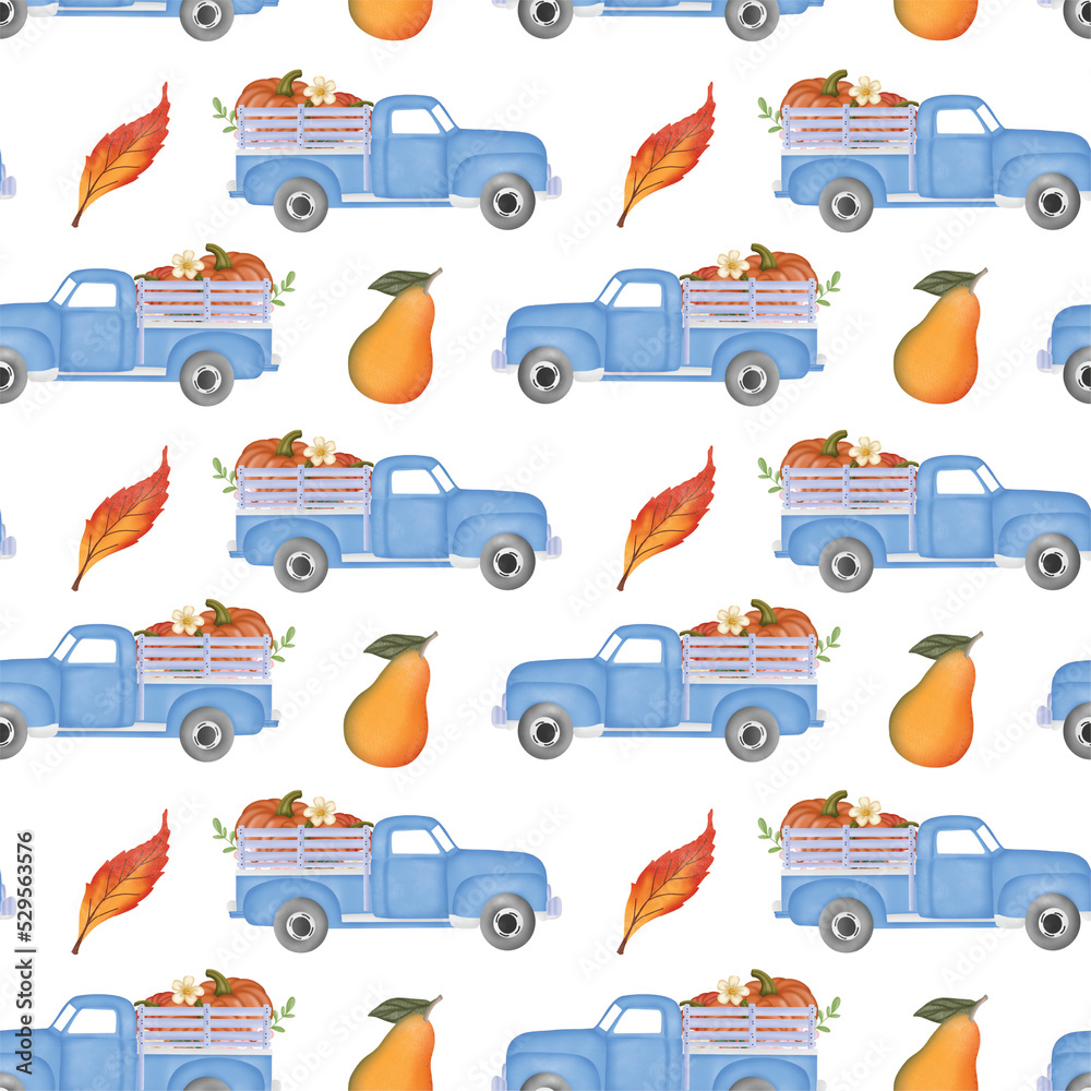 Autumn Pumpkin Truck Seamless Pattern Digital Papers PNG with ...